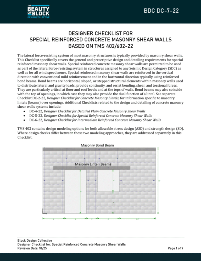 Designer Checklist for Special Reinforced Concrete Masonry Shear Walls ...